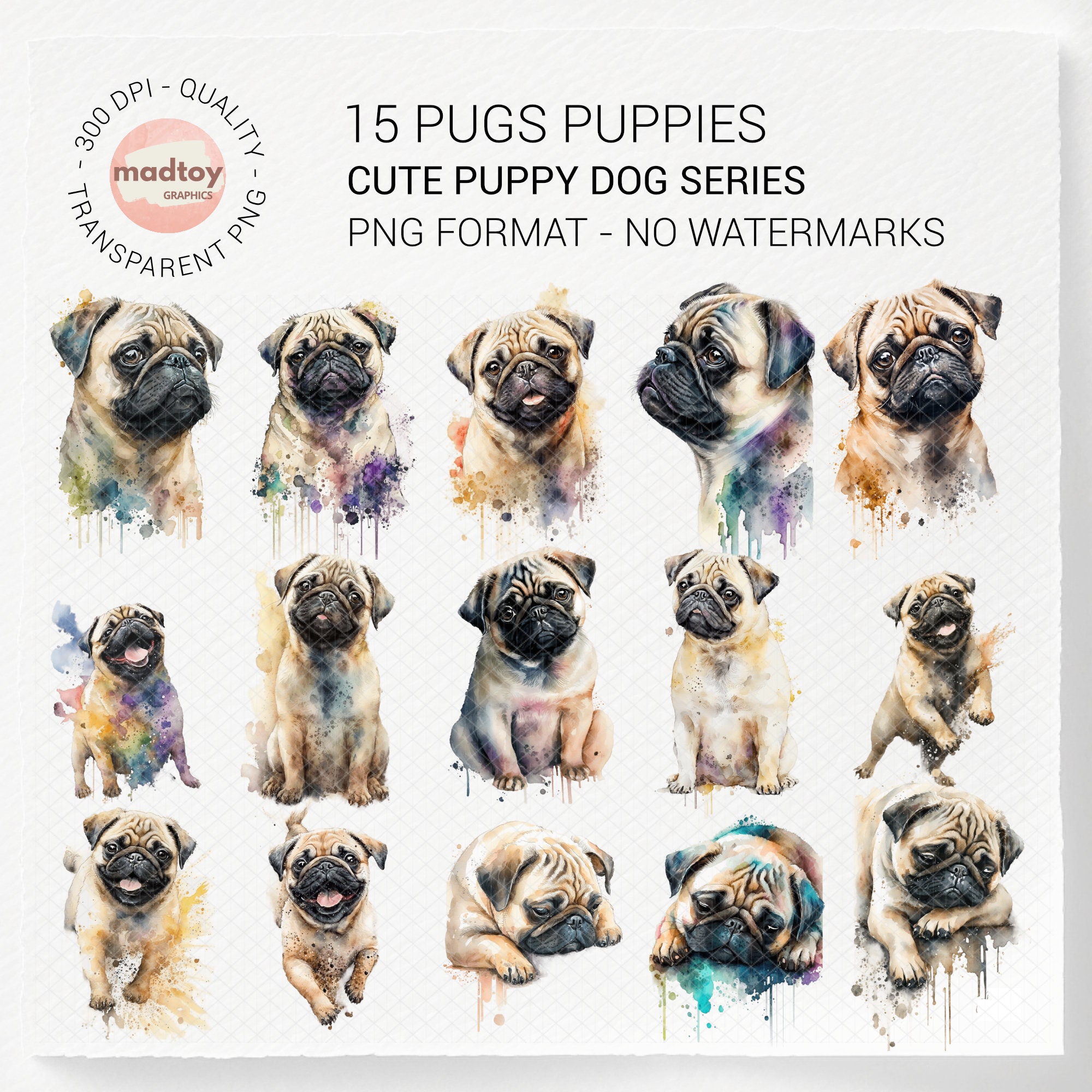 Pug Puppy Clipart, Dog PNG Files, Watercolor Pug Clipart, 15 PNG Dog ...