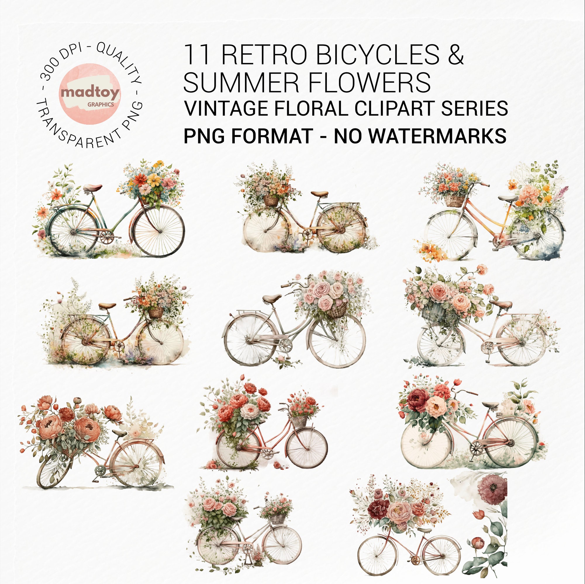 Floral Bicycle Retro Clipart PNG Files, Floral Clipart Graphic, 11 PNG ...