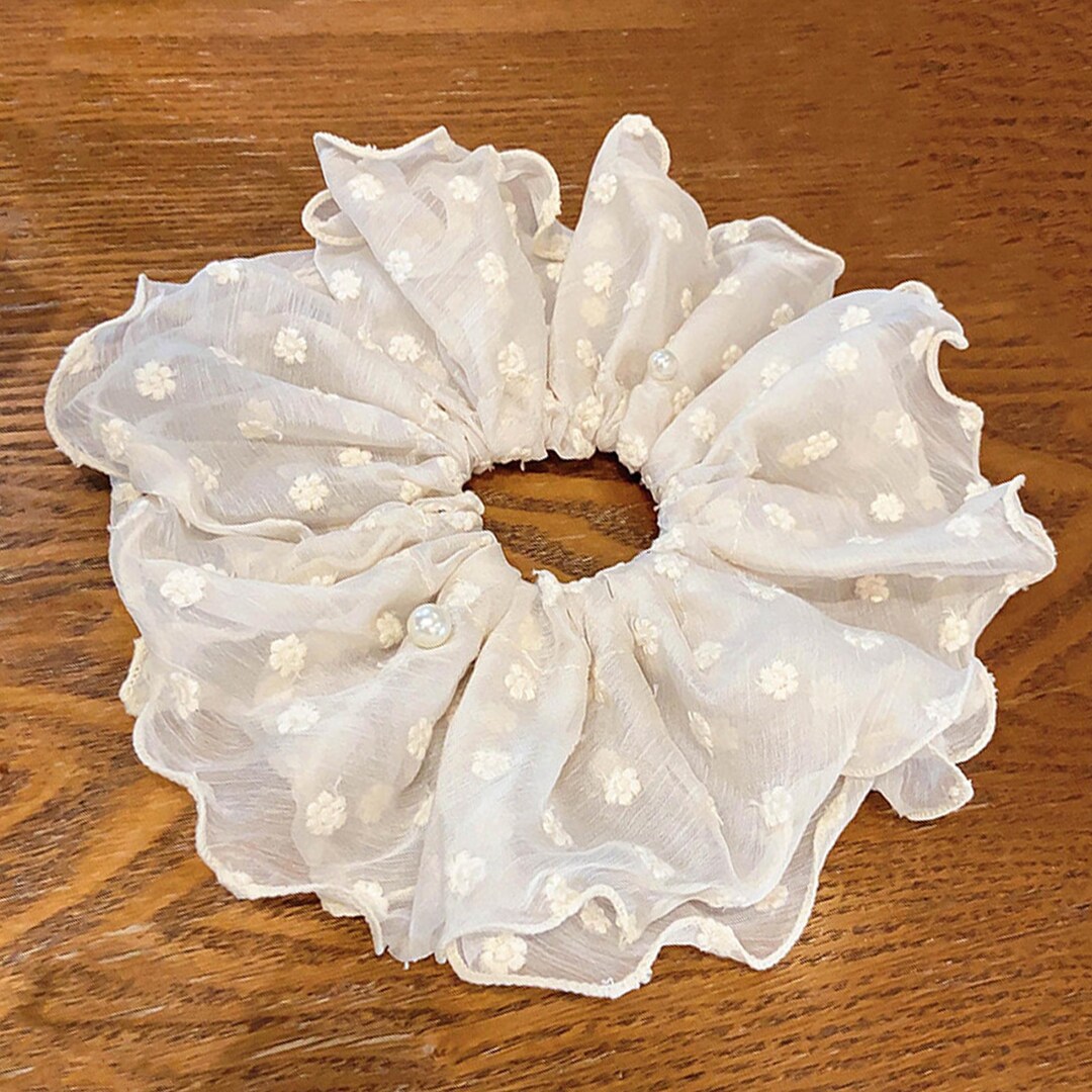 Elegant White Sheer Floral Scrunchies With Pearls, Delicate Ruffle Hair ...
