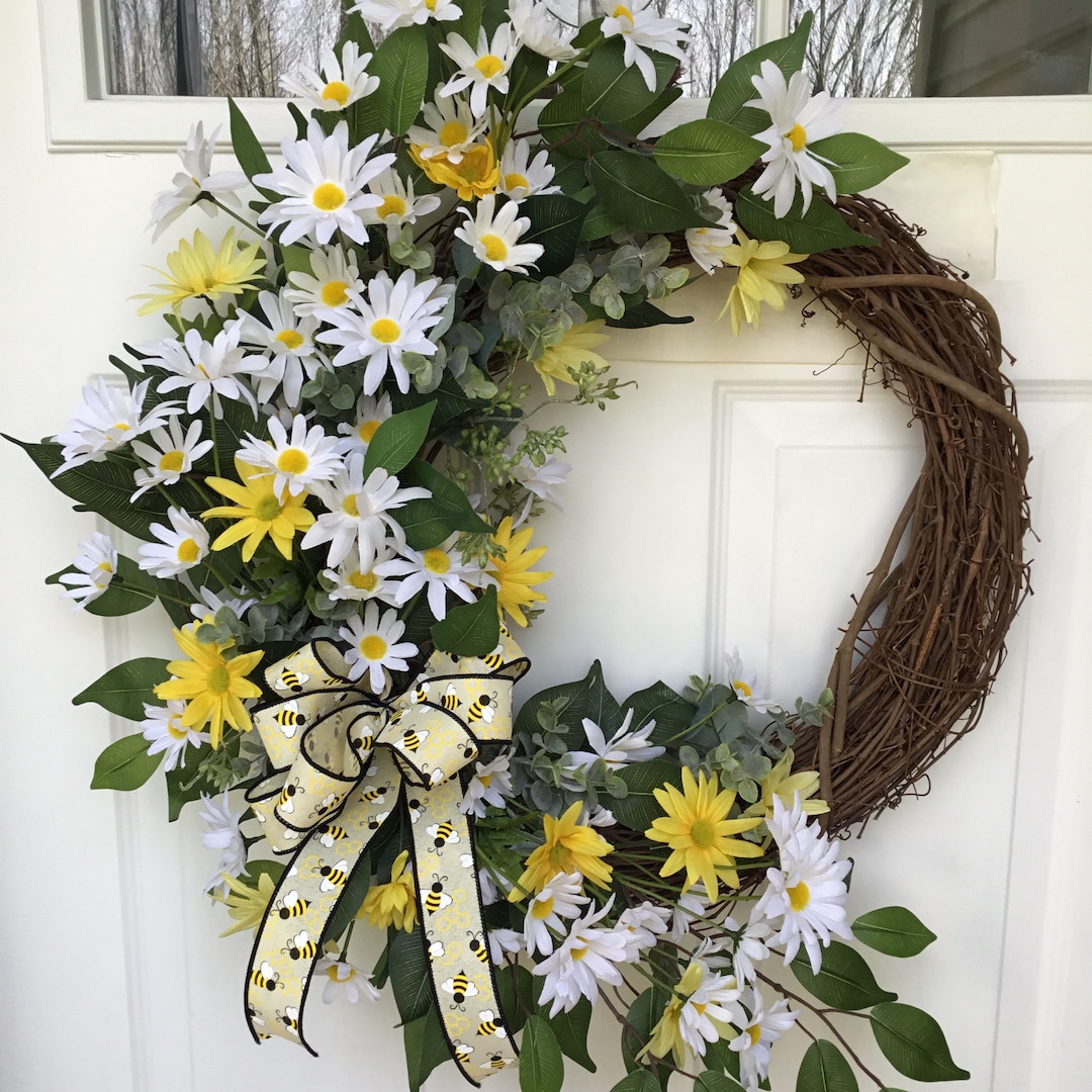 Summer Wreath for Front Door, Daisy Grapevine Wreath, Everyday Wreath ...