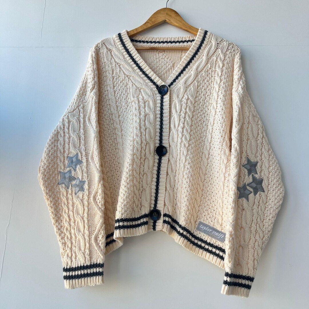 Beige Folklore Album Cardigan for Women, Star Patches Embroidered T ...
