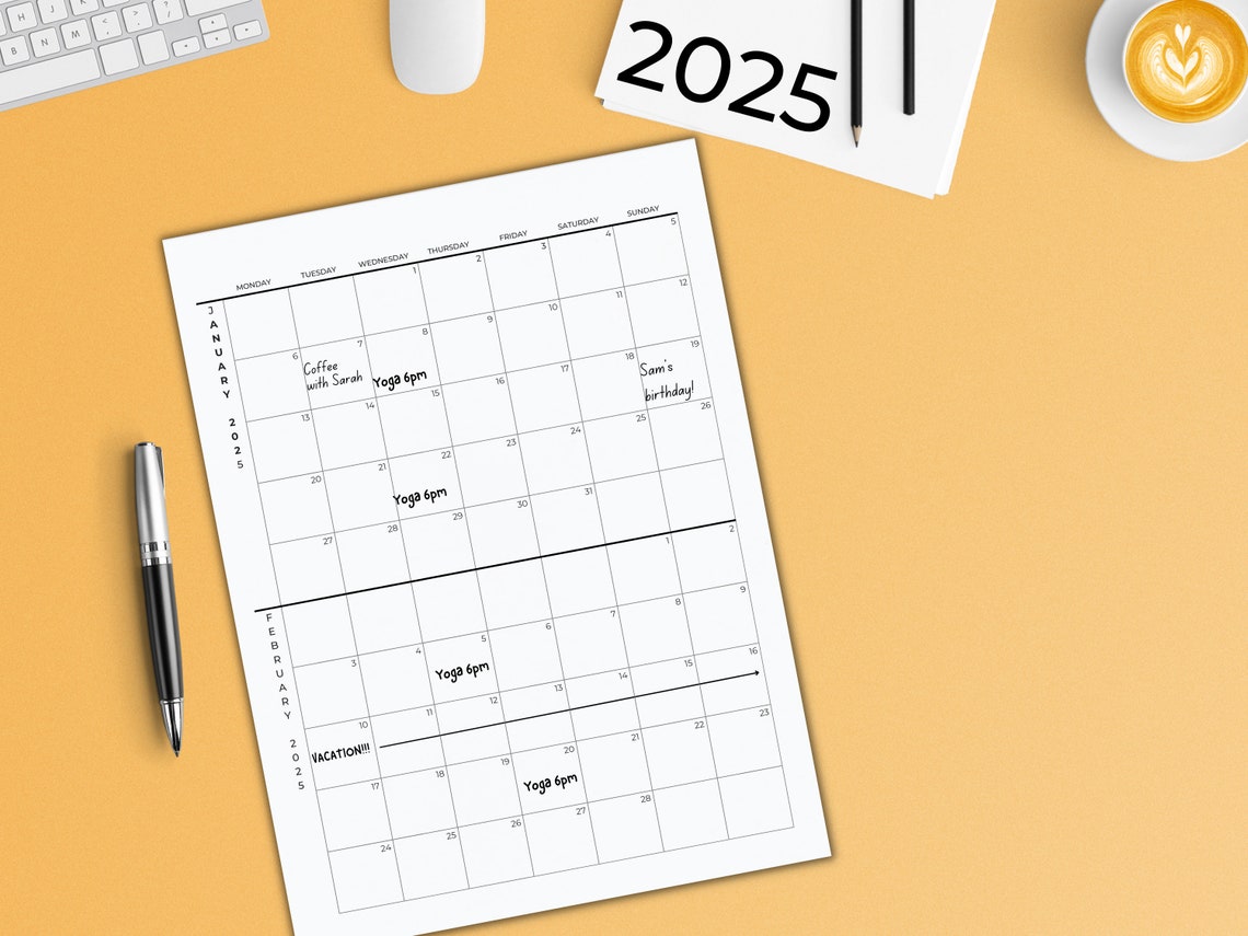2025 Calendar | 2 Months per Page | Minimalist Calendar | Printable PDF ...