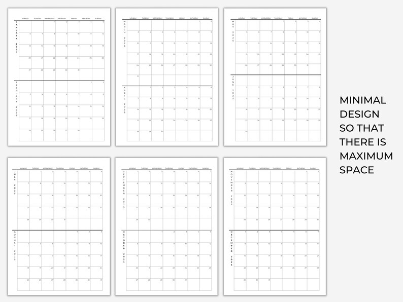 2025 Calendar | 2 Months per Page | Minimalist Calendar | Printable PDF ...