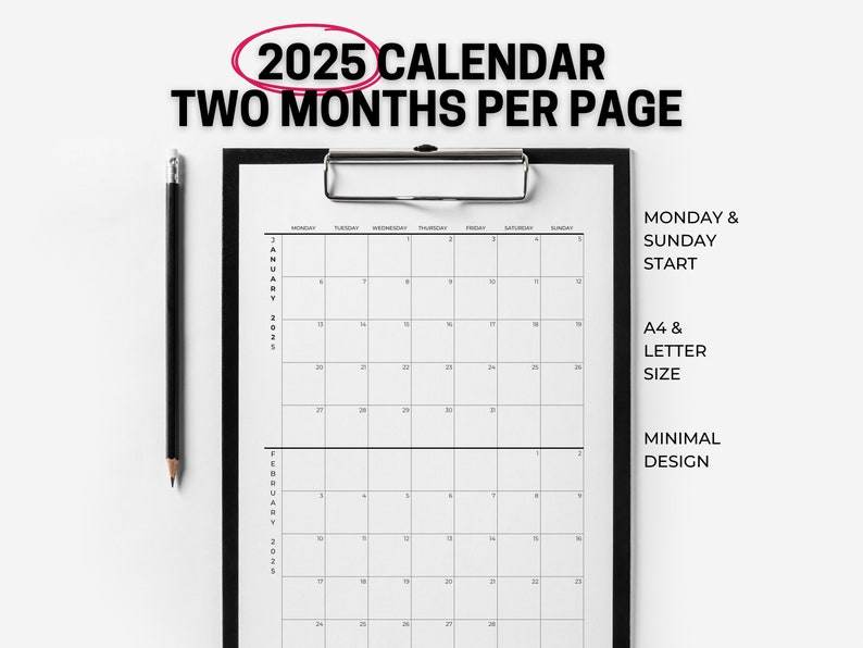2025 Calendar | 2 Months per Page | Minimalist Calendar | Printable PDF ...