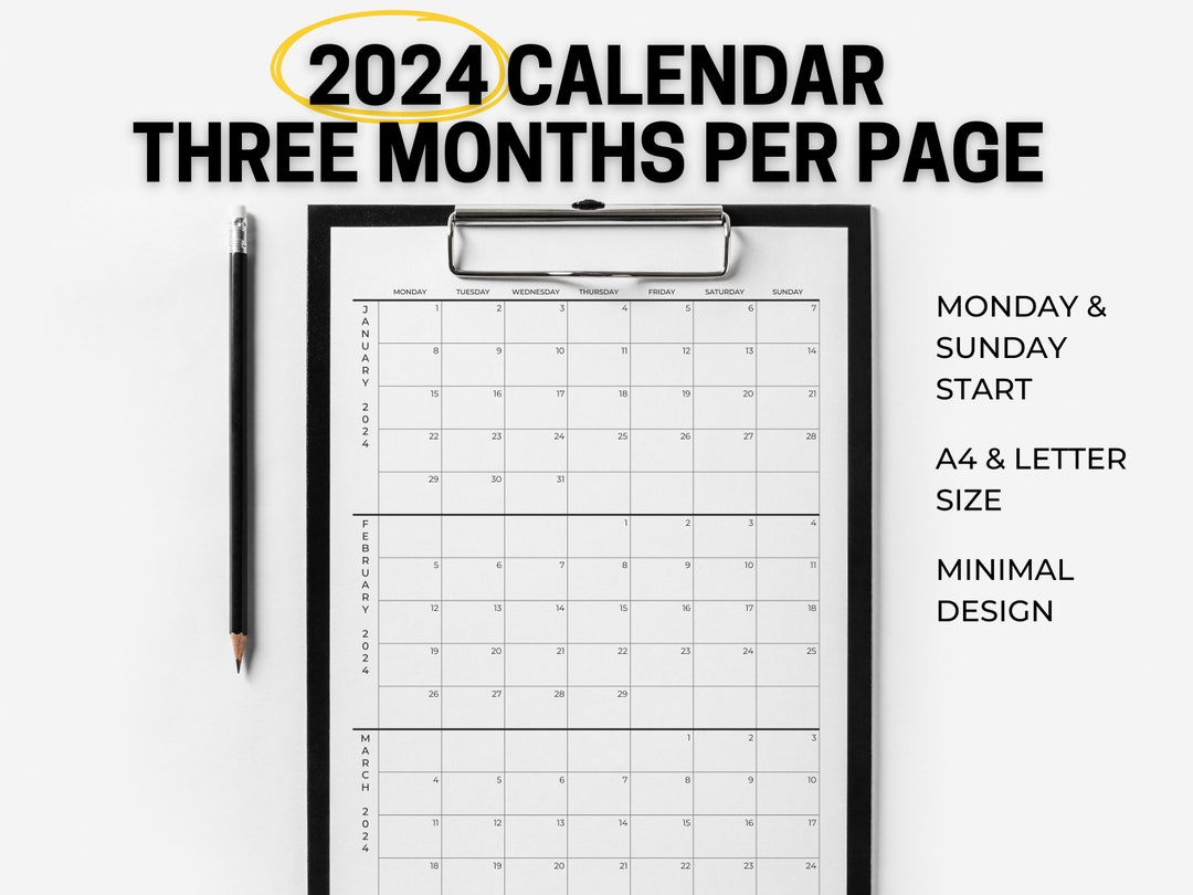 2024 Calendar 3 Months per Page Minimalist Calendar Printable PDF ...