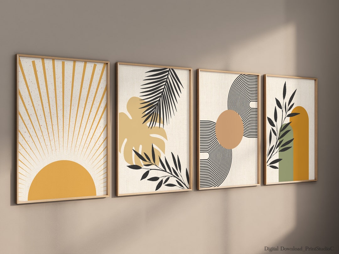 Boho Print Set of 4, Mustard Yellow Prints, Neutral Mid Century Modern ...