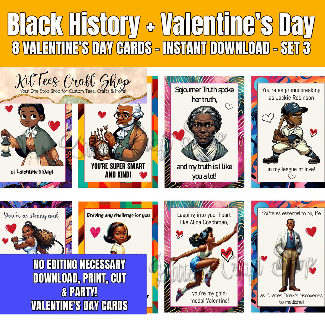 Black History Valentines Day Cards, 8 Black History Month Cards, Cute ...