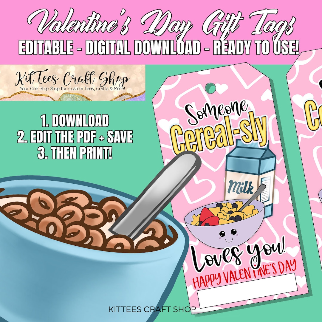 Cereal-sly Loves You Valentine's Day Gift Tags (editable Digital ...