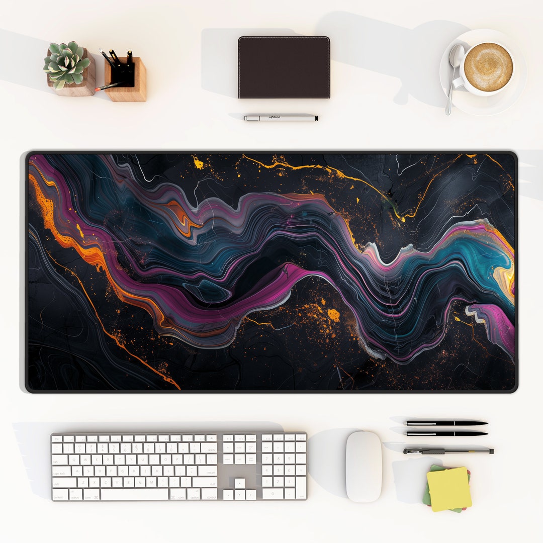 Luxury Black Marble Texture With Neon Accents Desk Mat, Large Keyboard ...