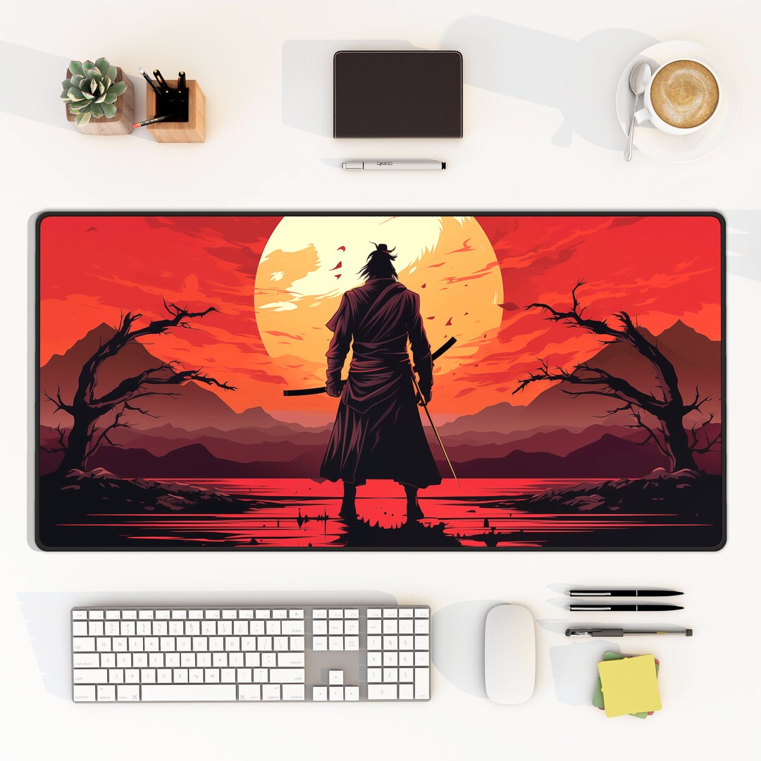 Japanese Samurai Warrior on Rising Sun Desk Mat, Minimal Aesthetic ...