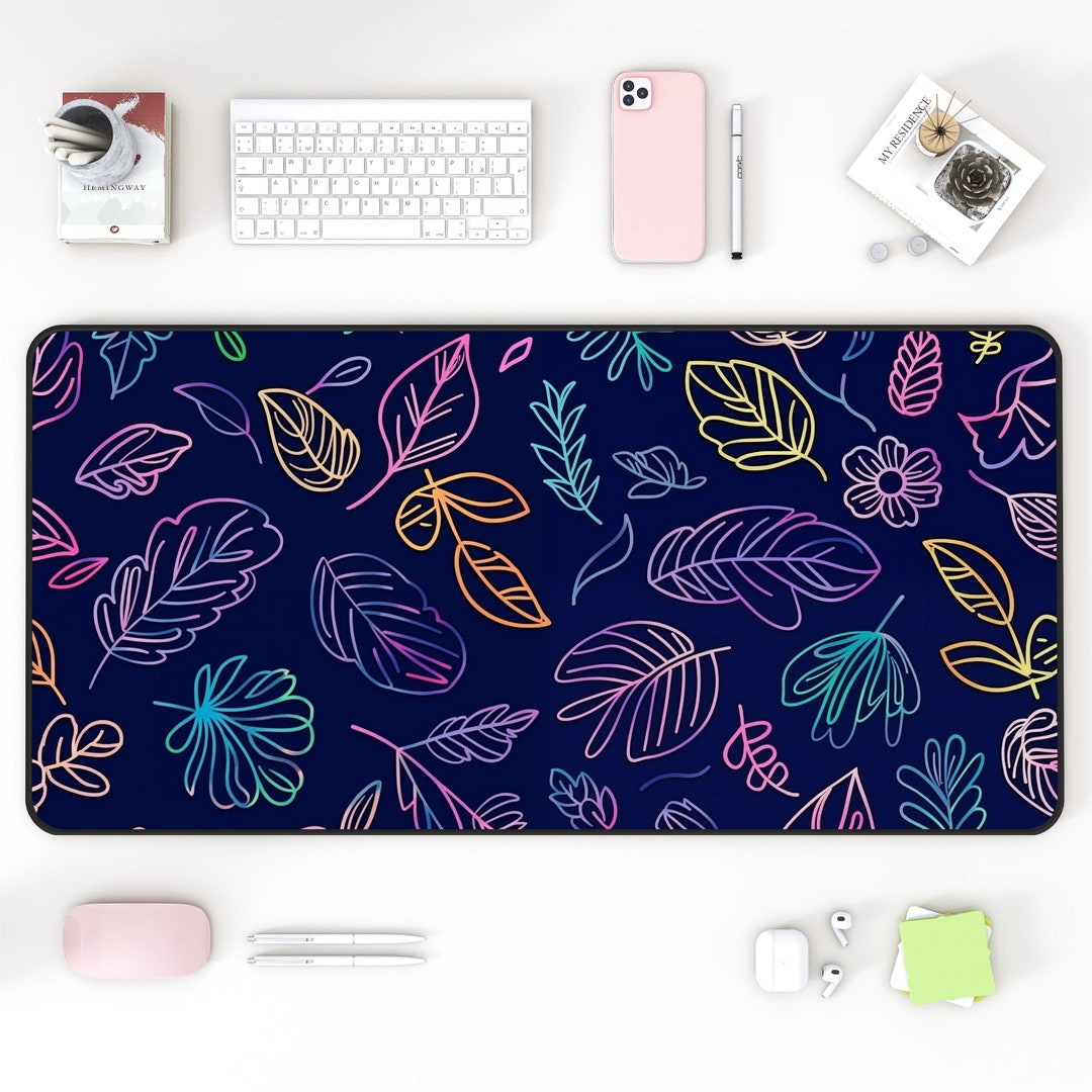 Desk Mat Minimal Neon Plants and Flowers Pattern Keyboard Mouse Pad Art ...