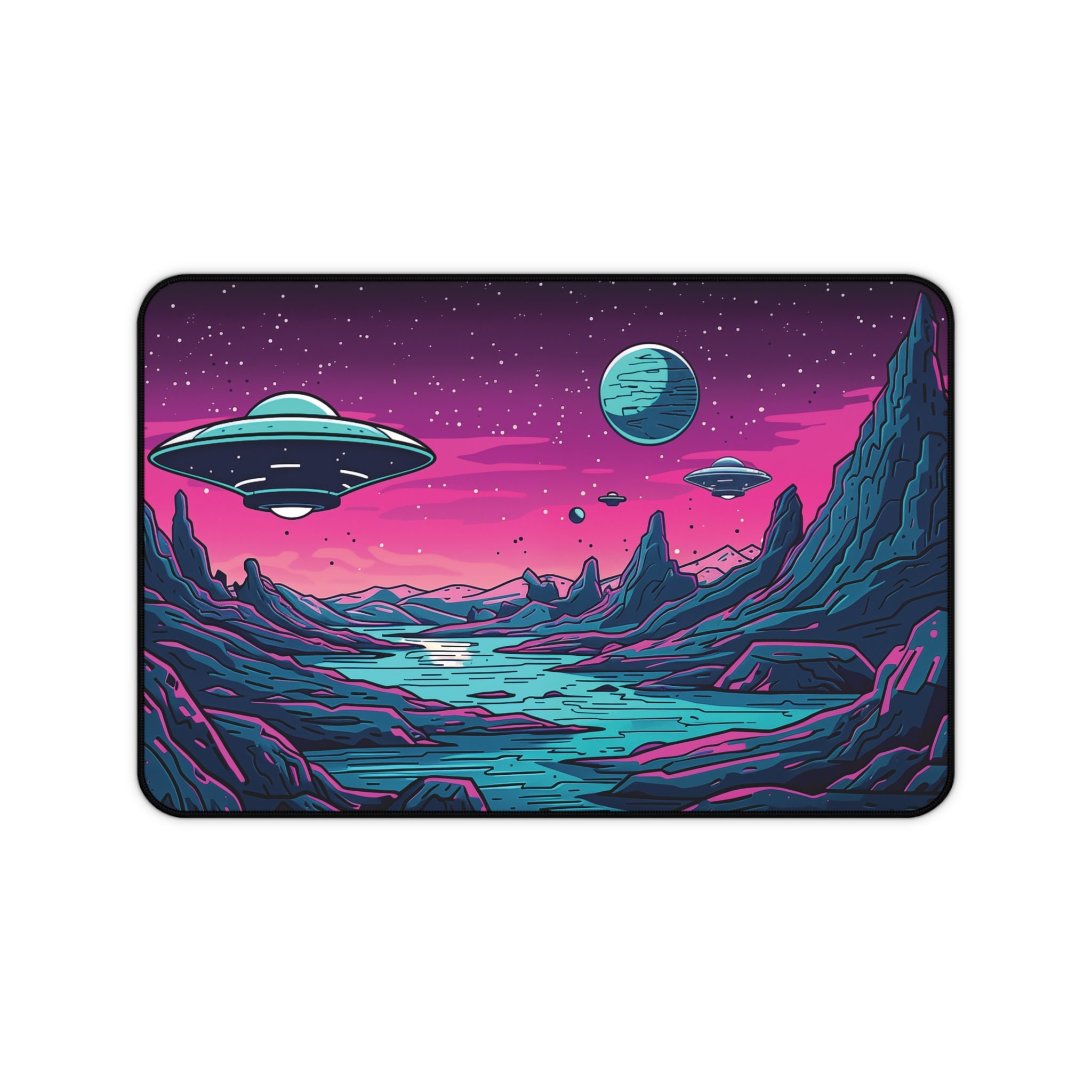 UFO Desk Mat Comic Style Space Ufos Landing on Mars Keyboard Mouse Pad ...