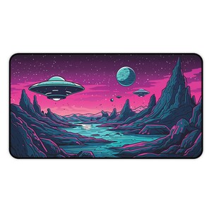 UFO Desk Mat Comic Style Space Ufos Landing on Mars Keyboard Mouse Pad ...