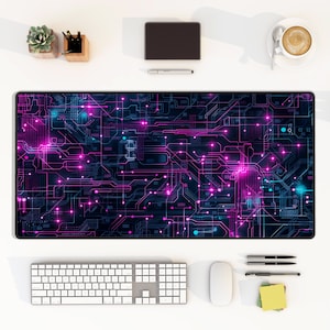 Cyberpunk Desk Mat Pink and Blue Neon Circuits Keyboard Mouse Pad Art ...