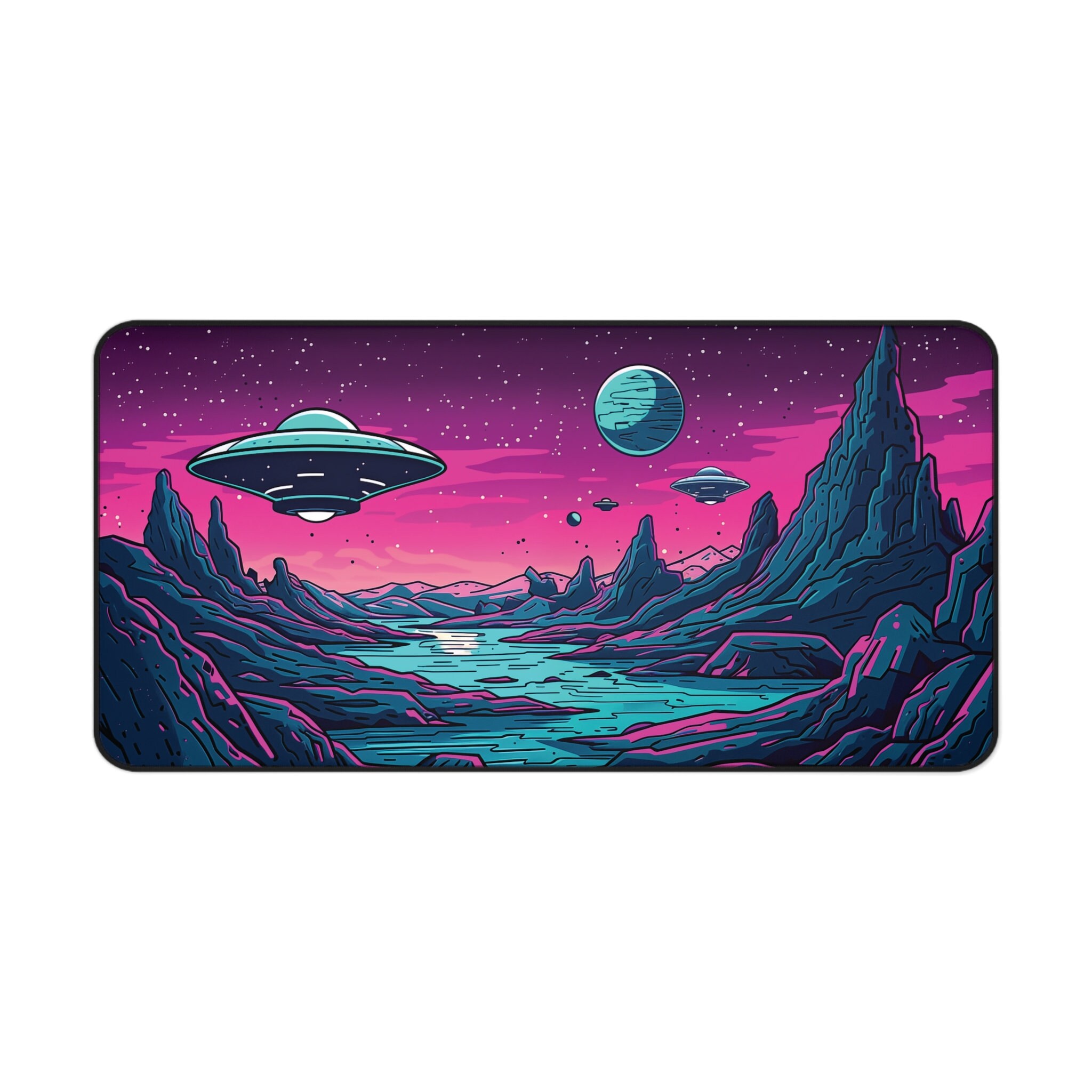 UFO Desk Mat Comic Style Space Ufos Landing on Mars Keyboard Mouse Pad ...