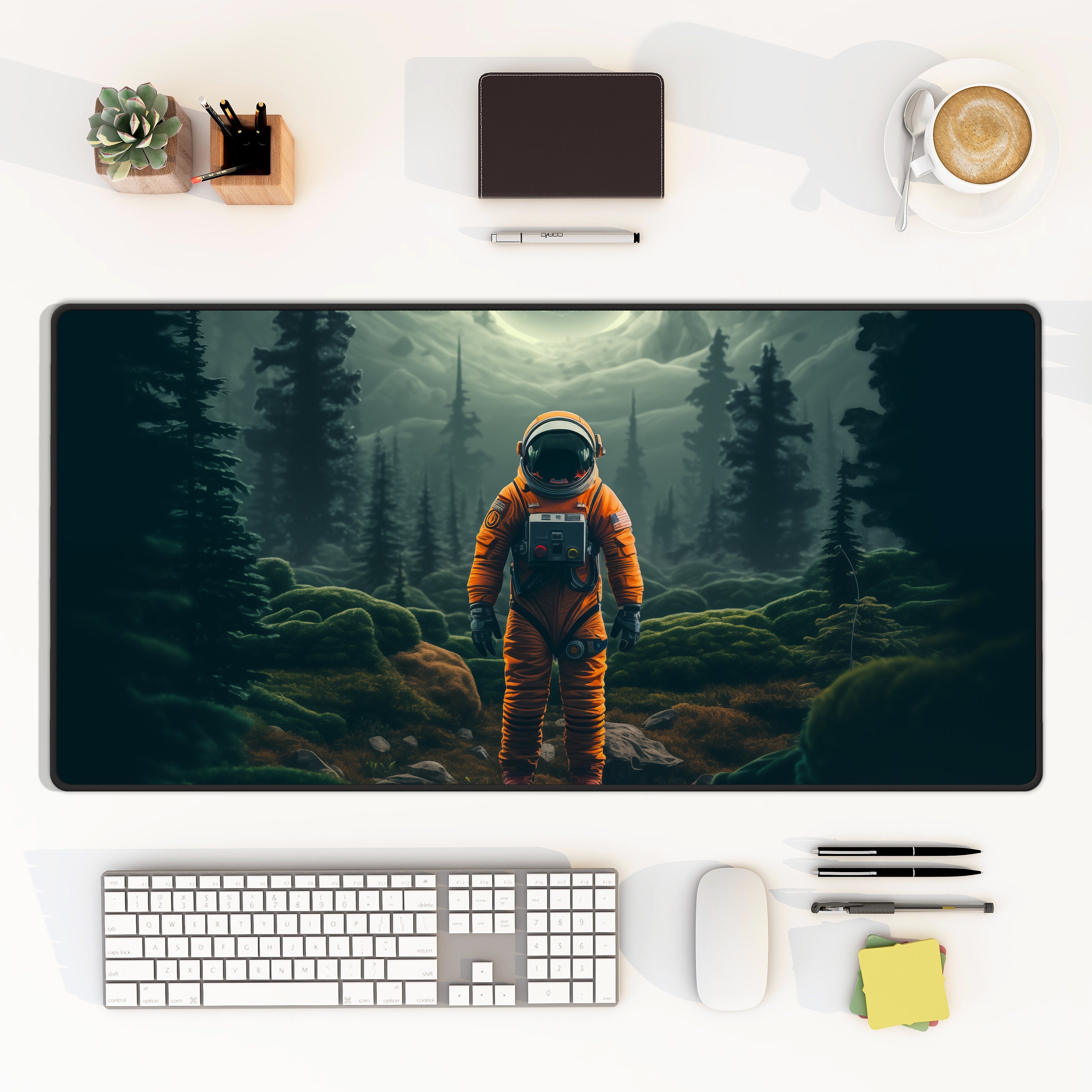 Astronaut in Alien Forest Landscape Desk Mat, Large Keyboard Mat and ...