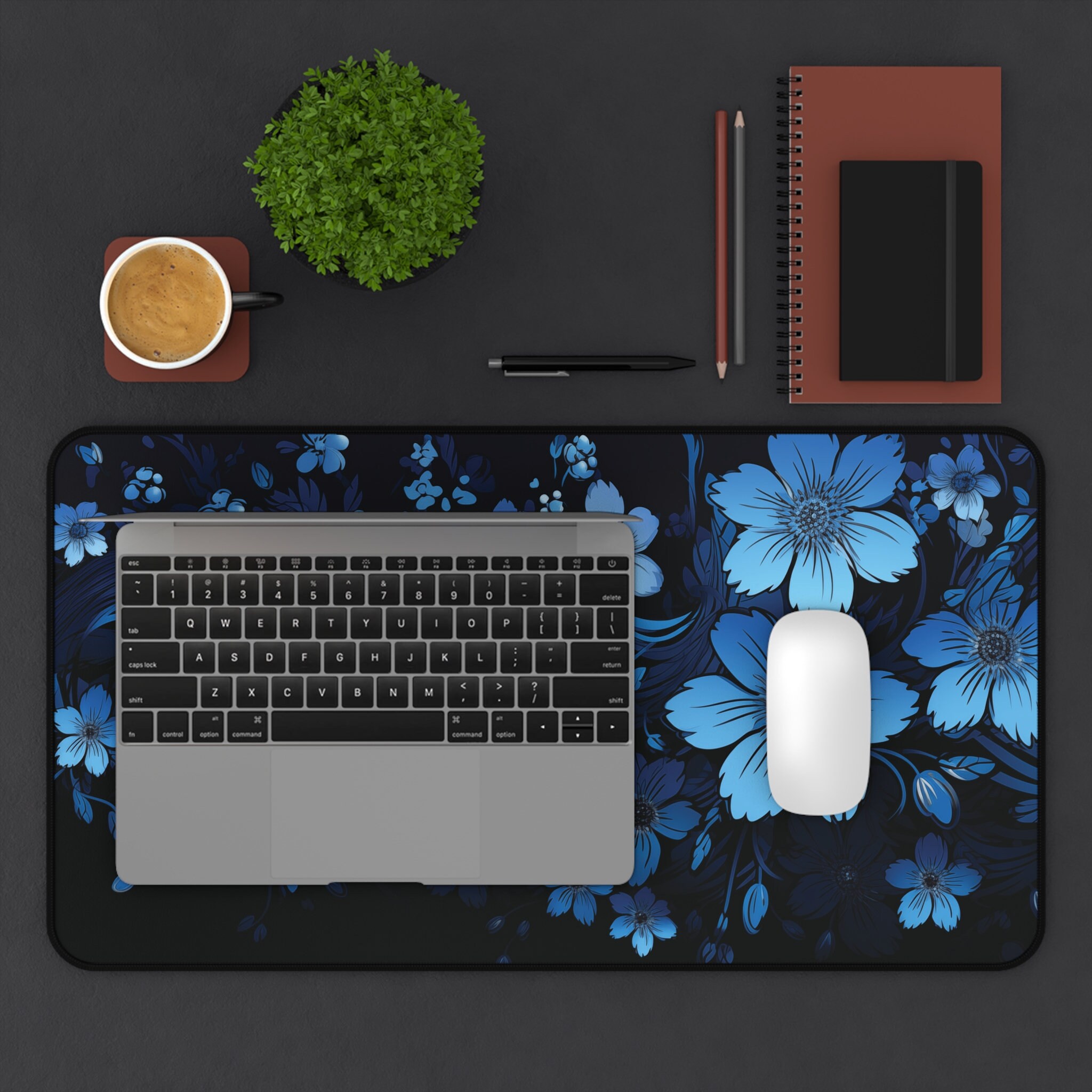 Blue and Black Pixel Art Flower Desk Mat, Floral Keyboard Mat, Large ...