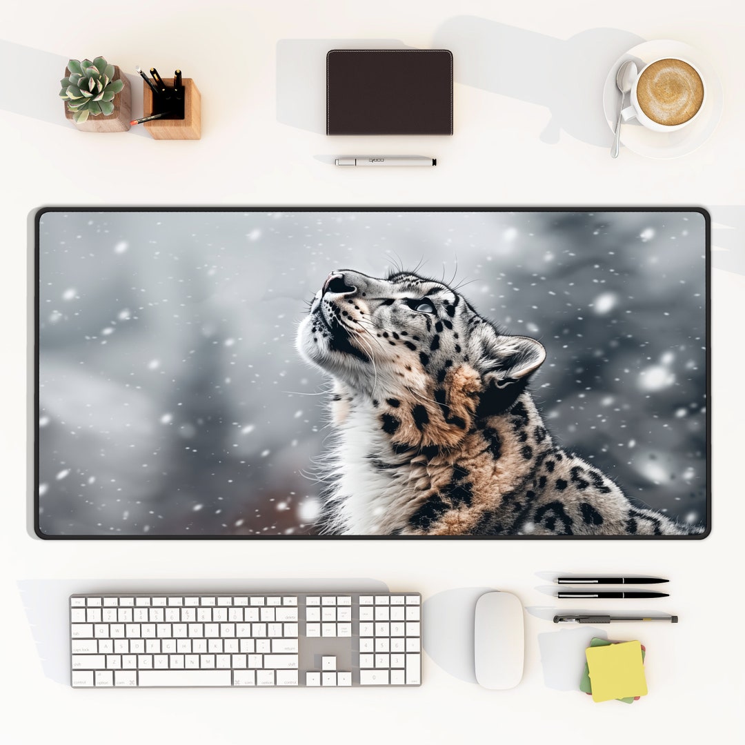 Majestic Snow Leopard Desk Mat, Snowy Mountain Landscape Aesthetic ...