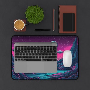 UFO Desk Mat Comic Style Space Ufos Landing on Mars Keyboard Mouse Pad ...