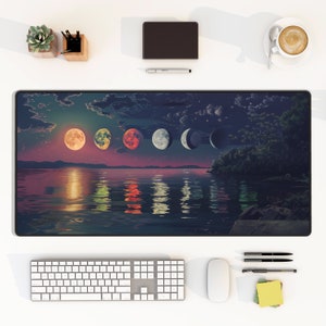 Colorful Moon Phases Over a River Desk Mat, Night Aesthetic Large ...