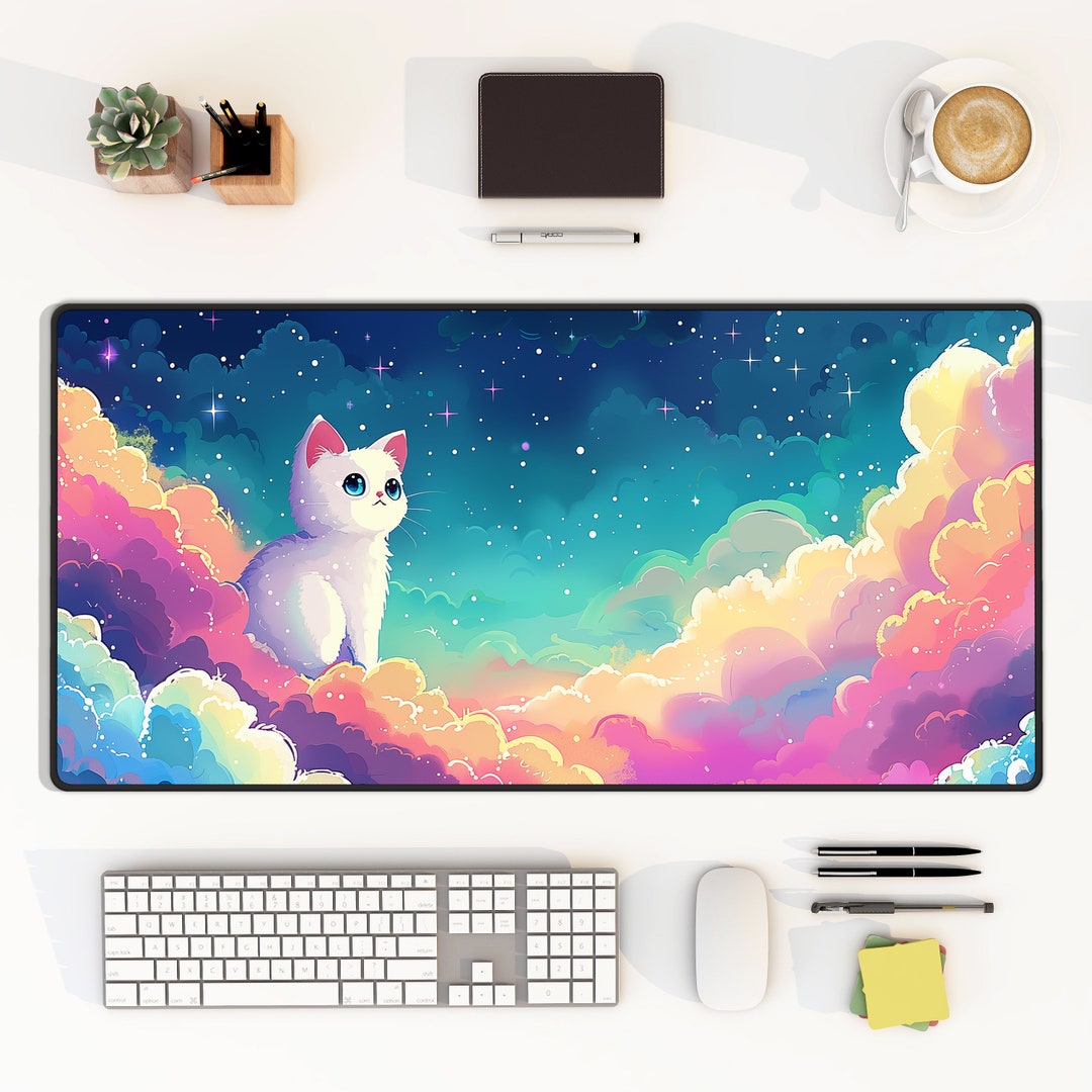 Cute Cat Desk Mat Colorful Magical Rainbow Clouds Keyboard Mouse Pad ...
