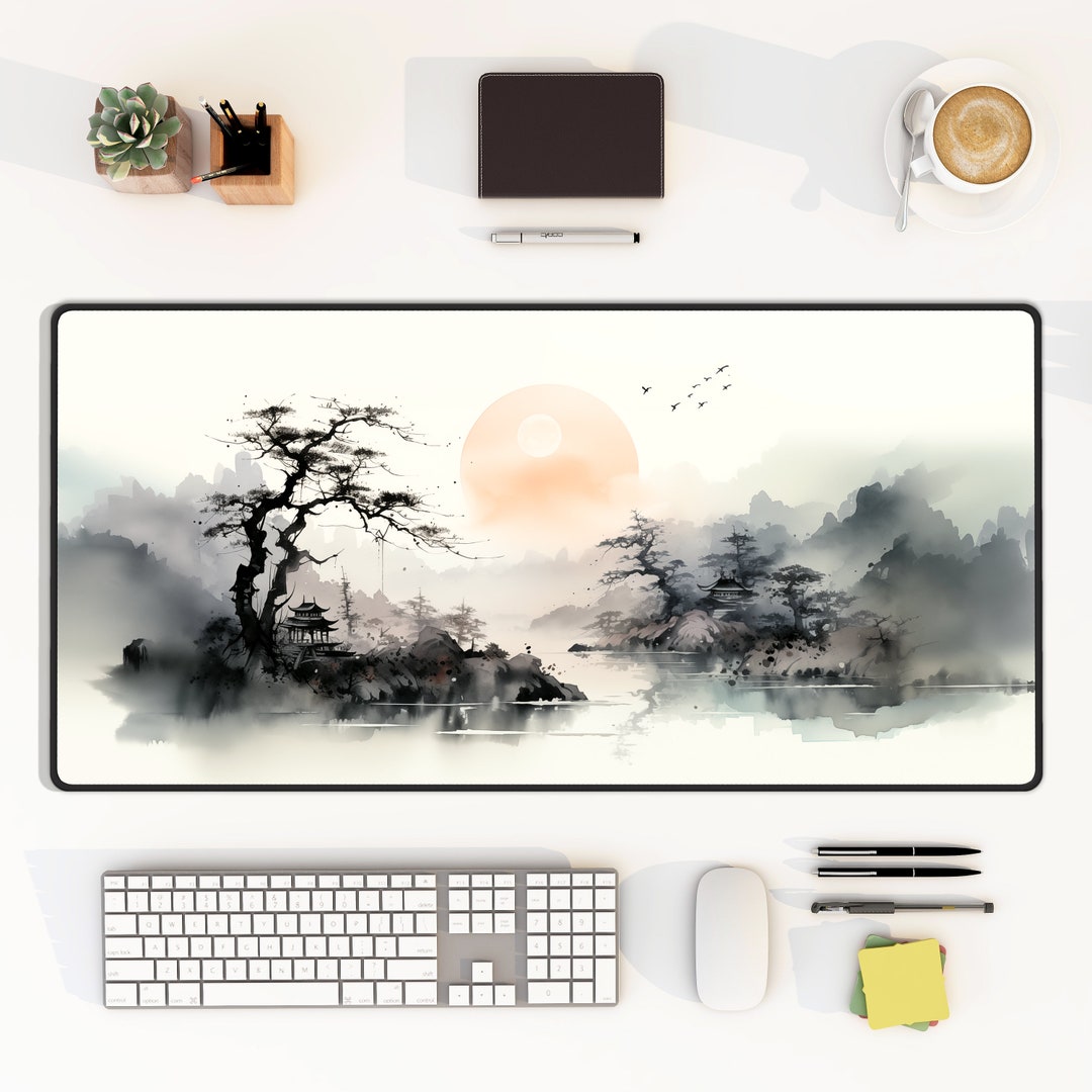 Japanese Sumi-e Black Ink Painting Desk Mat, Traditional Artistic ...
