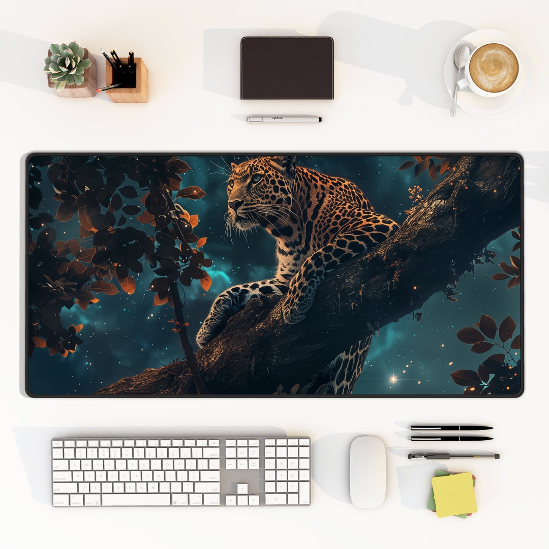 Intense Leopard on Starry Night Desk Mat, Fantasy Aesthetic, Large ...