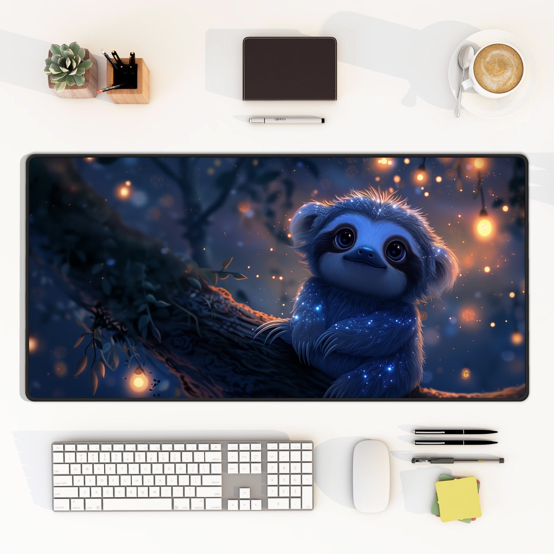 Cute Baby Kawaii Sloth Desk Mat, Digital Art, Enchanted Forest, Large ...
