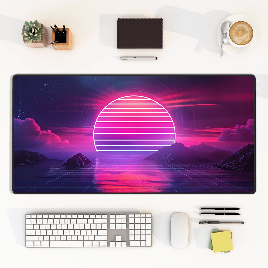 Synthwave Pink Sunset Desk Mat, Purple Sky Aesthetic Large Keyboard ...