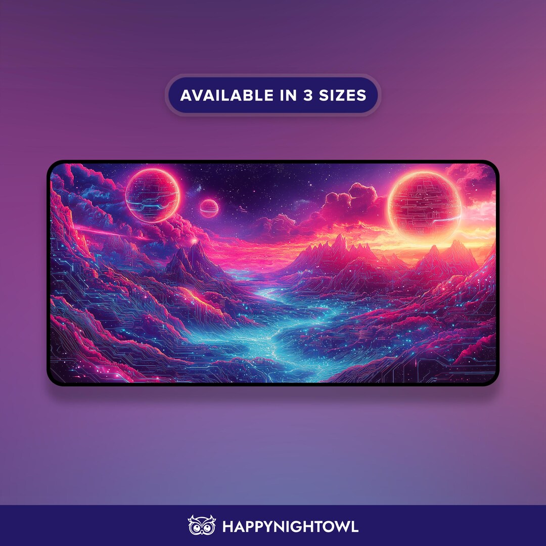 Retro Sci-fi Planets Desk Mat - Pink Blue Neon Landscape Large Mouse ...