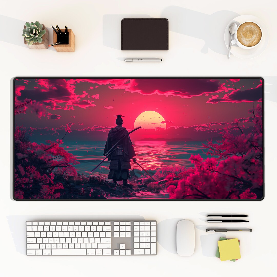 Japanese Shogun Sunset Desk Mat, Synthwave Aesthetic Large Keyboard ...
