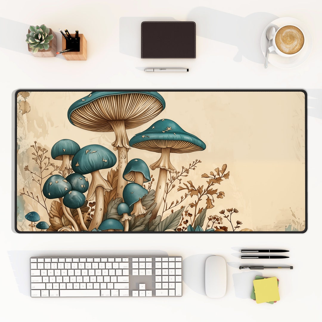 Desk Mat Botanical Blue Cottagecore Mushrooms Keyboard Mouse Pad Art ...