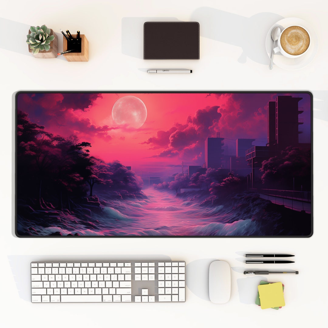 Vaporwave Flooded City Desk Mat, Retro Oil Painting Aesthetic, Large ...