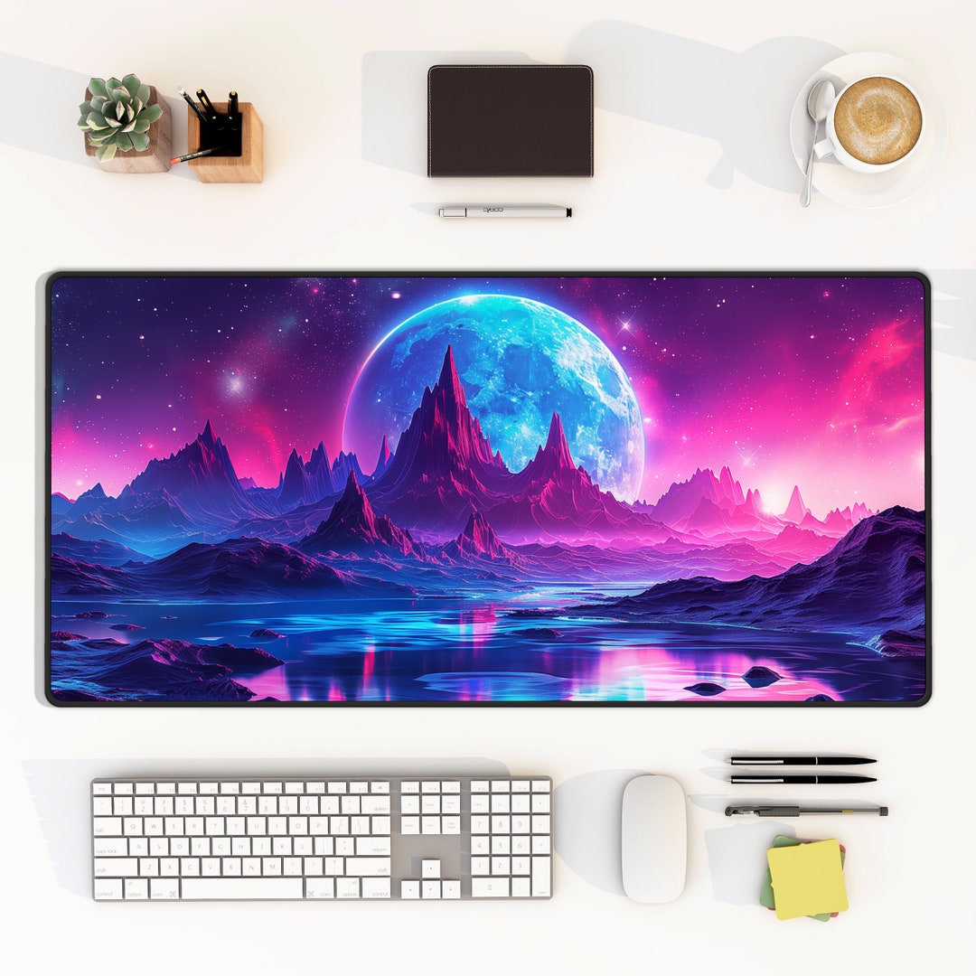 Futuristic Moon Landscape Desk Mat Purple Sky Space Northern Lights ...