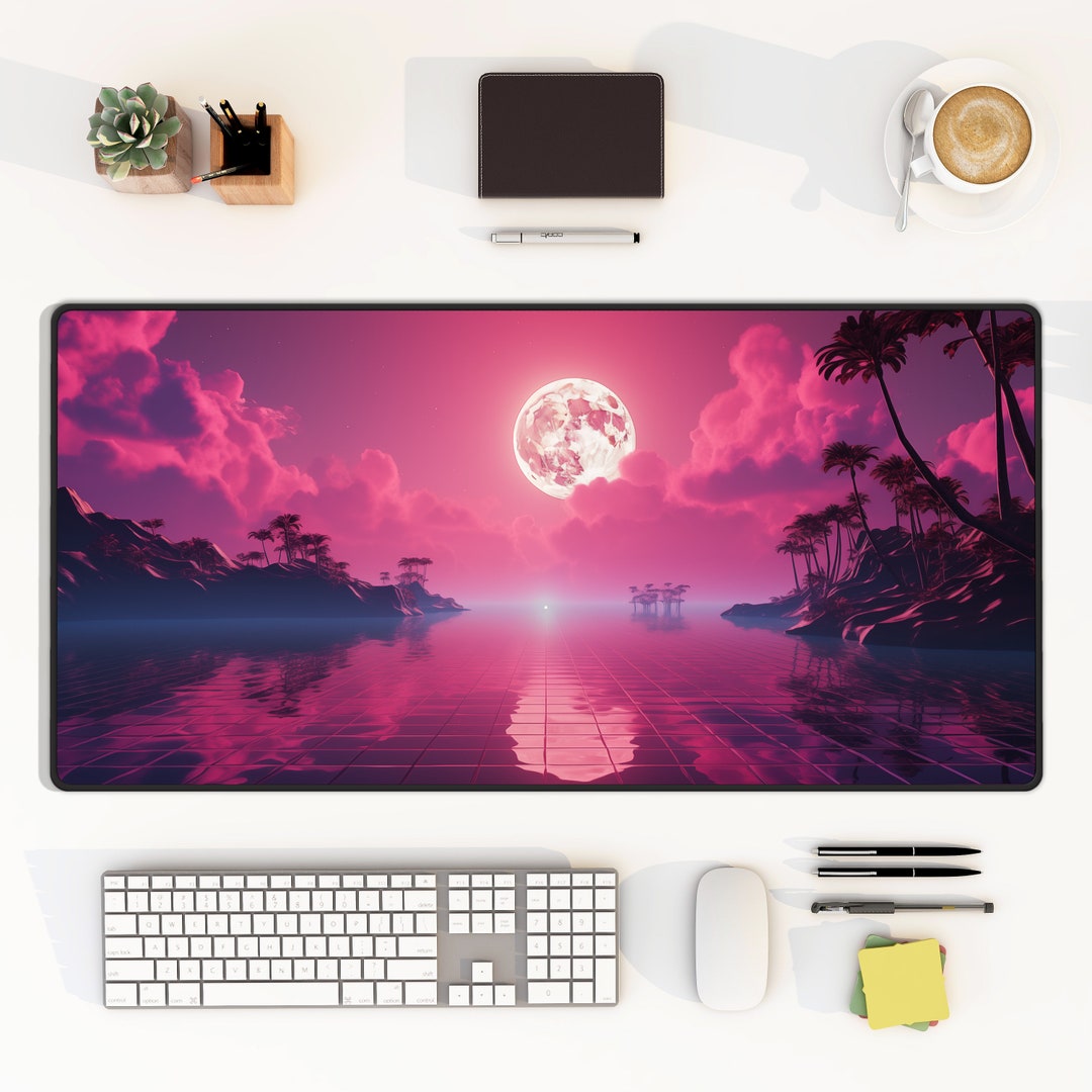 Vaporwave Moon and Trees With Pink and Purple Sky Desk Mat, Large ...