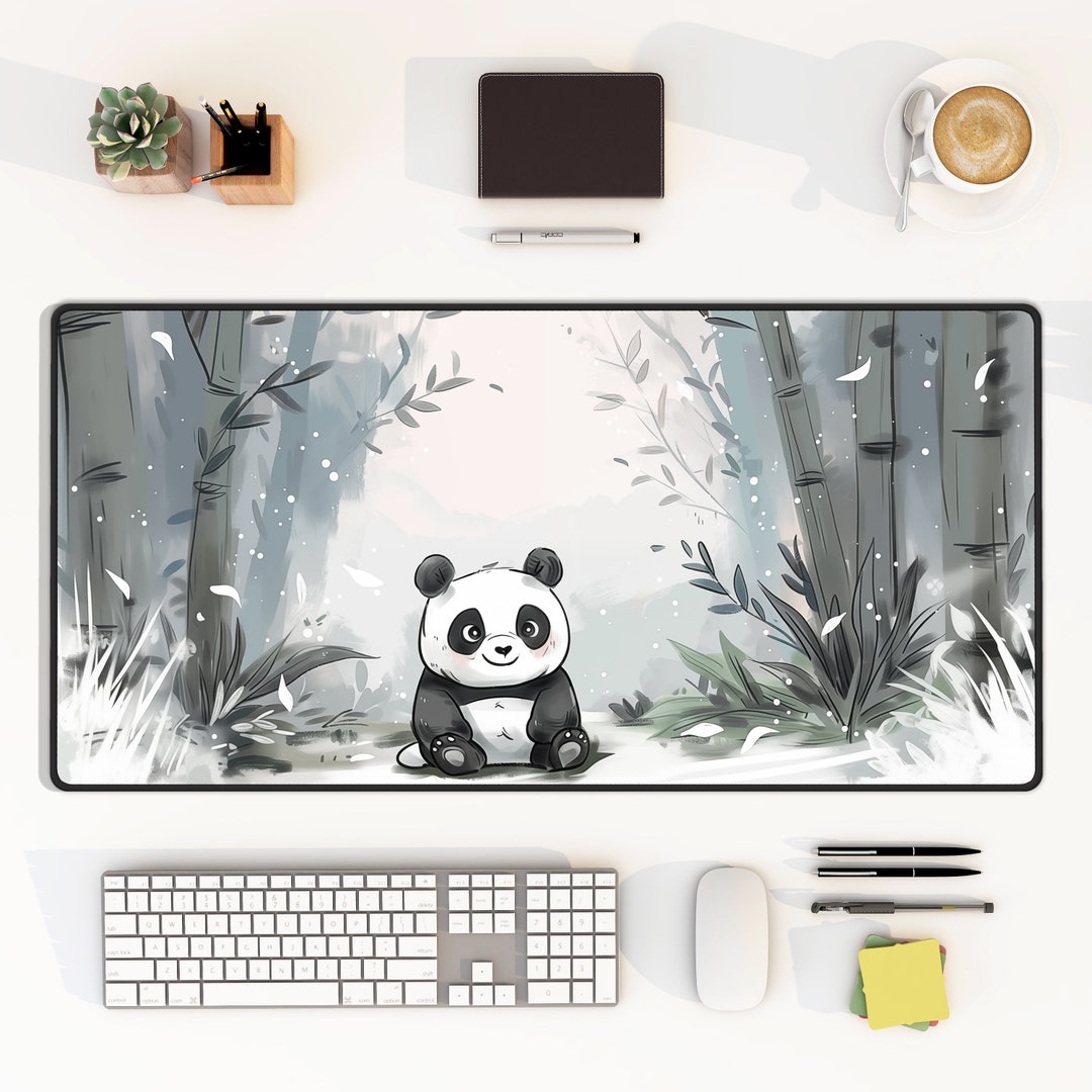 Desk Mat Cute Panda in Forest Cartoon Style Keyboard Mouse Pad Art for ...