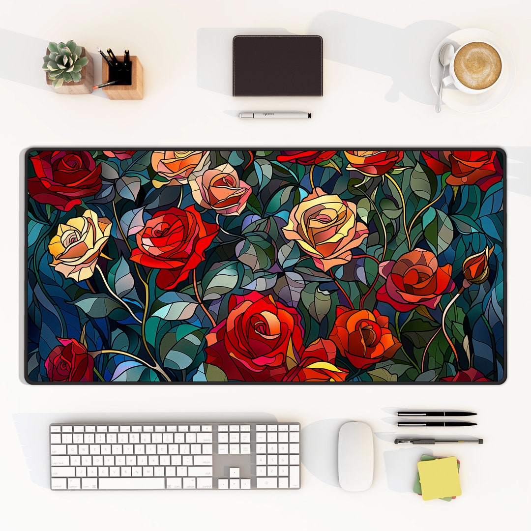 Desk Mat Rose Flower Stained Glass, Elegant Aesthetic Large Keyboard ...