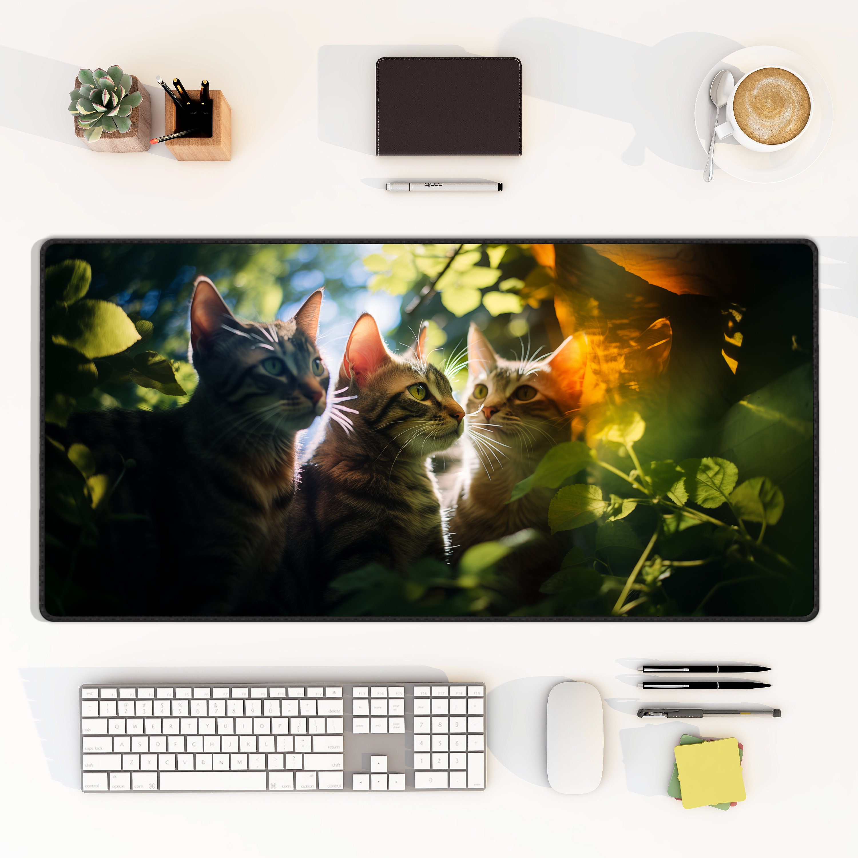 Cute Cats in Enchanted Forest Photo Realistic Desk Mat, Trendy Large ...