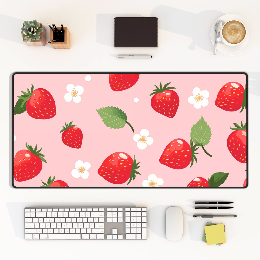 Strawberry and Floral Pink Desk Mat, Large Keyboard Mat and Mouse Pad ...
