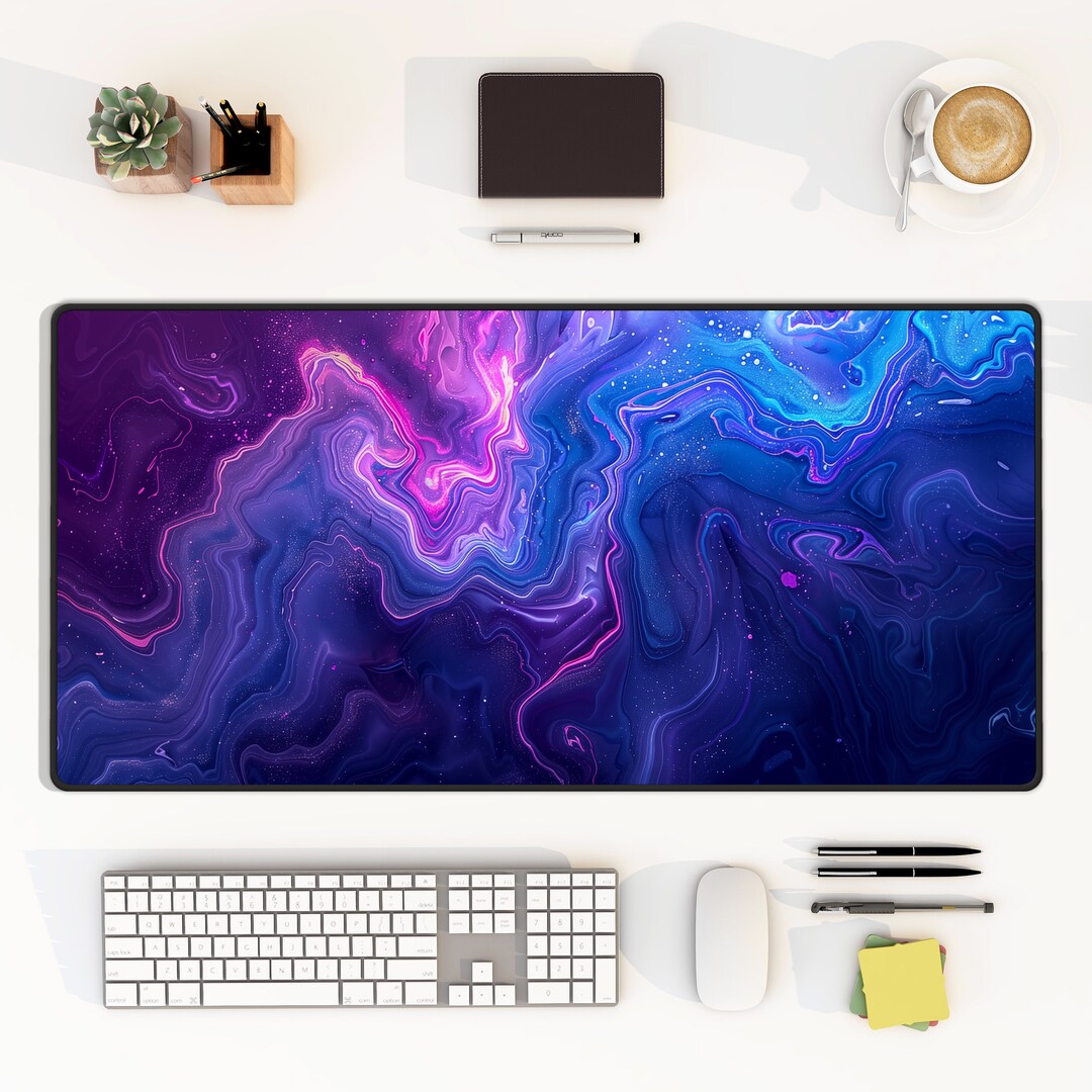 Blue and Violet Neon Marble Design Desk Mat, Large Keyboard Mat and ...