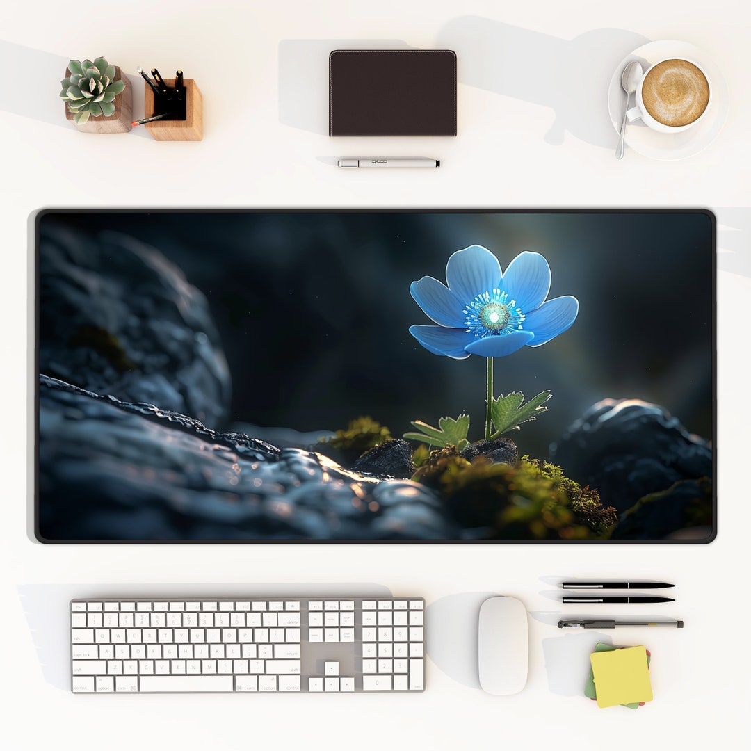 Enchanted Glowing Blue Flower Desk Mat, Aesthetic Large Keyboard Mouse ...