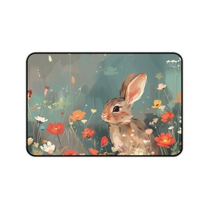 Cute Bunny Rabbit Desk Mat in Colorful Flower Field Keyboard Mouse Pad ...
