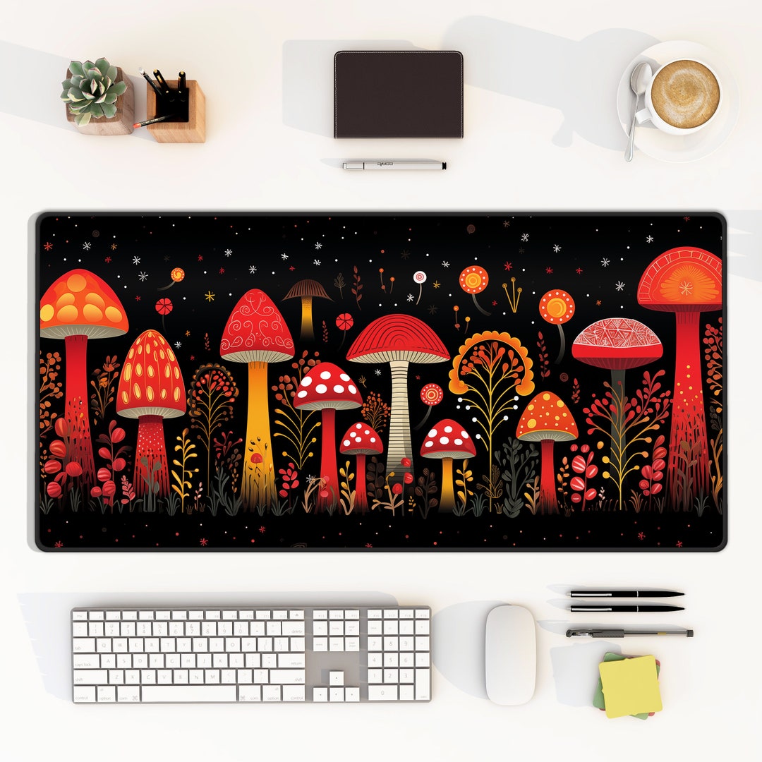 Colorful Enchanted Mushroom Art Desk Mat, Trippy Flat Aesthetic, Large ...