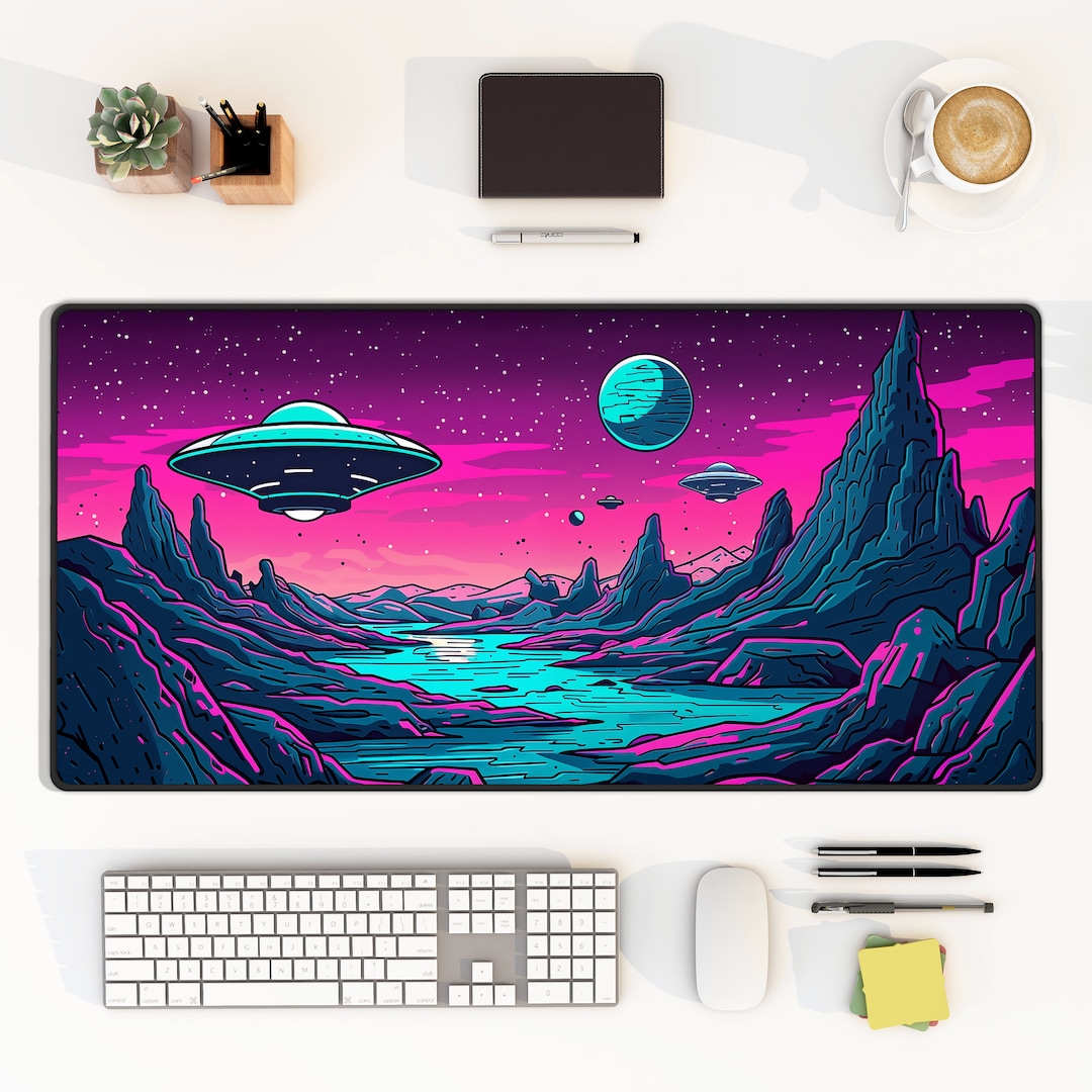 UFO Desk Mat Comic Style Space Ufos Landing on Mars Keyboard Mouse Pad ...