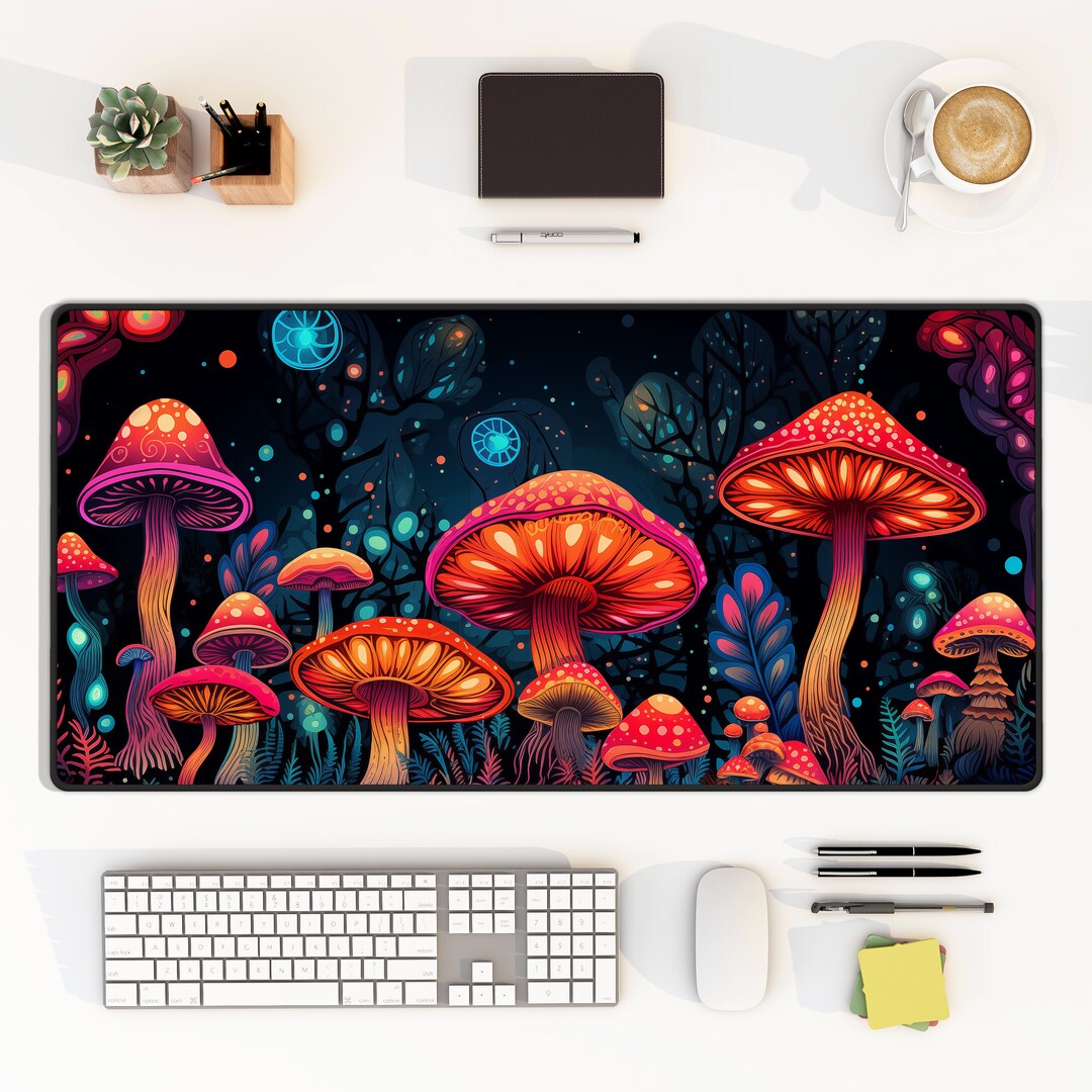 Psychedelic Mushroom World Decor Desk Mat, Trippy Colorful Aesthetic ...