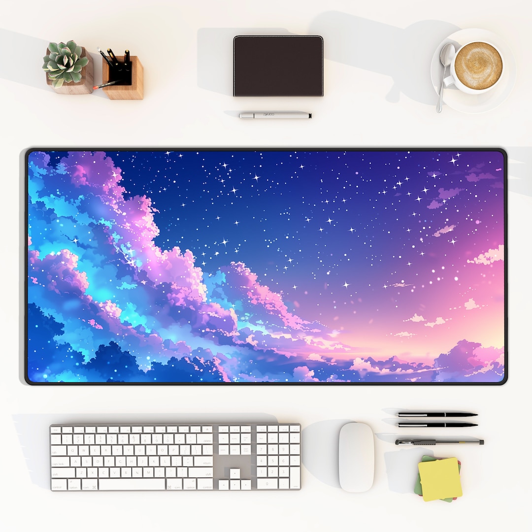 Soft Pastel Clouds Desk Mat Vaporwave Style Starry Sky Keyboard Mouse ...