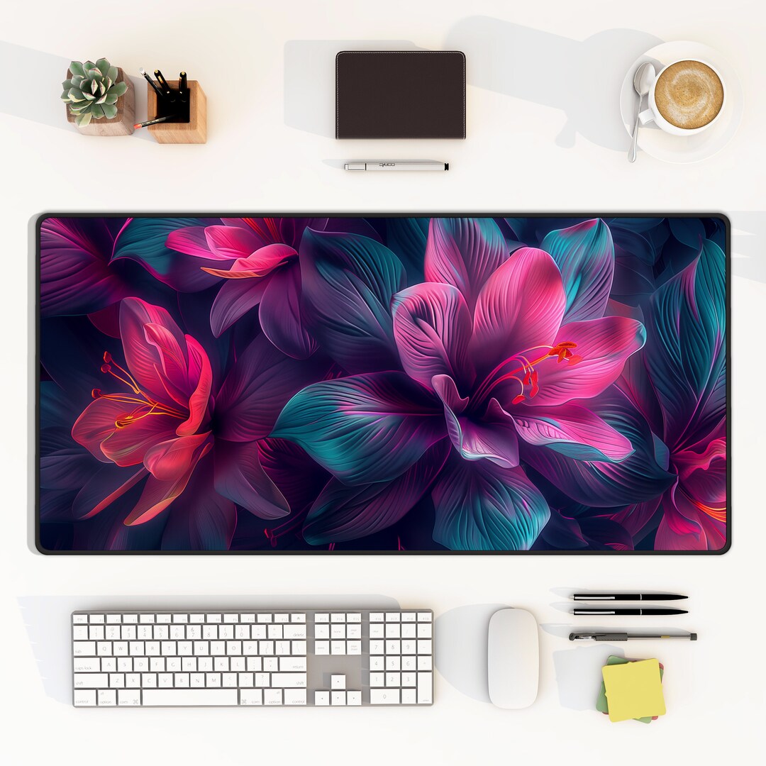 Dreamlike Neon Exotic Flowers Desk Mat, Surreal Aesthetic Large ...