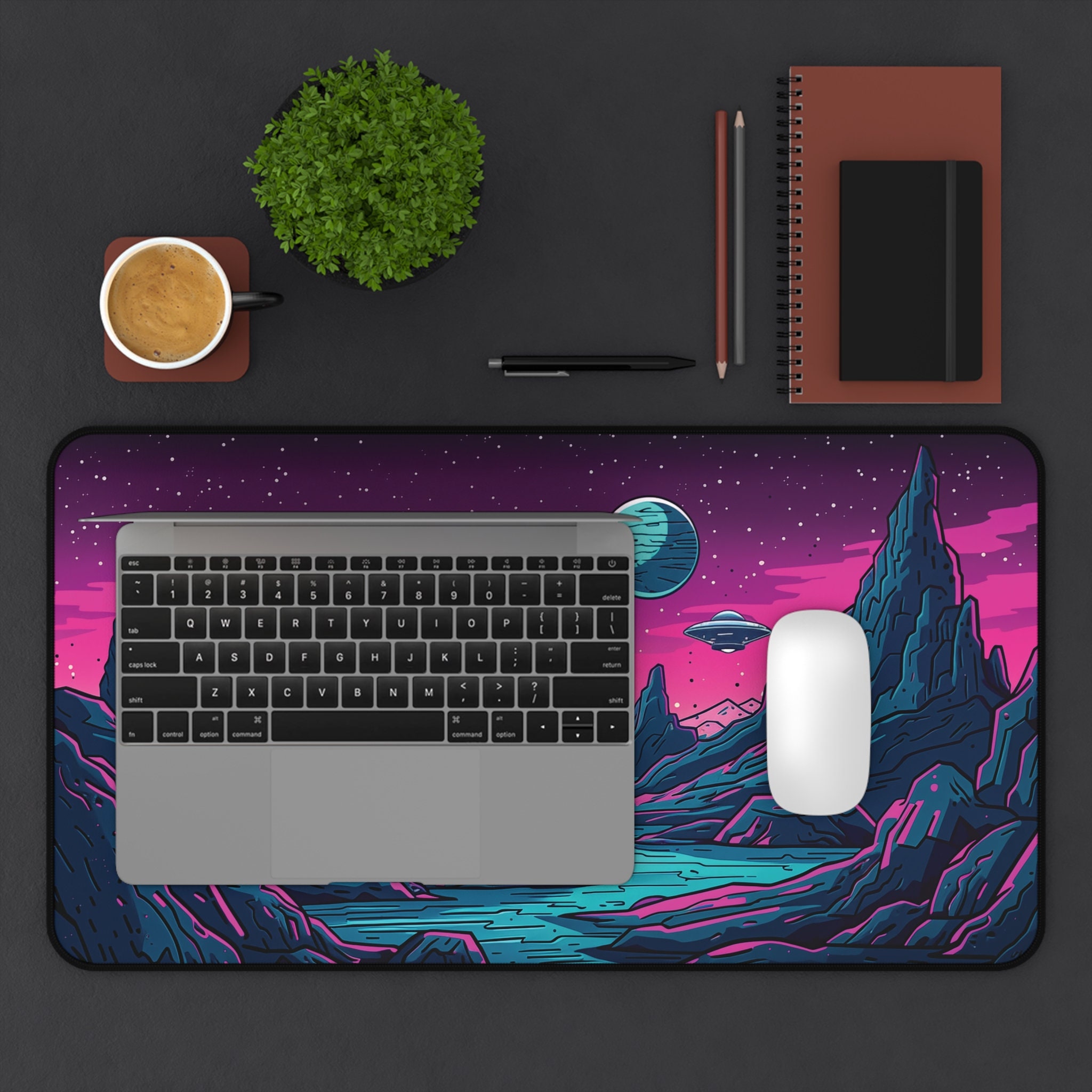 UFO Desk Mat Comic Style Space Ufos Landing on Mars Keyboard Mouse Pad ...