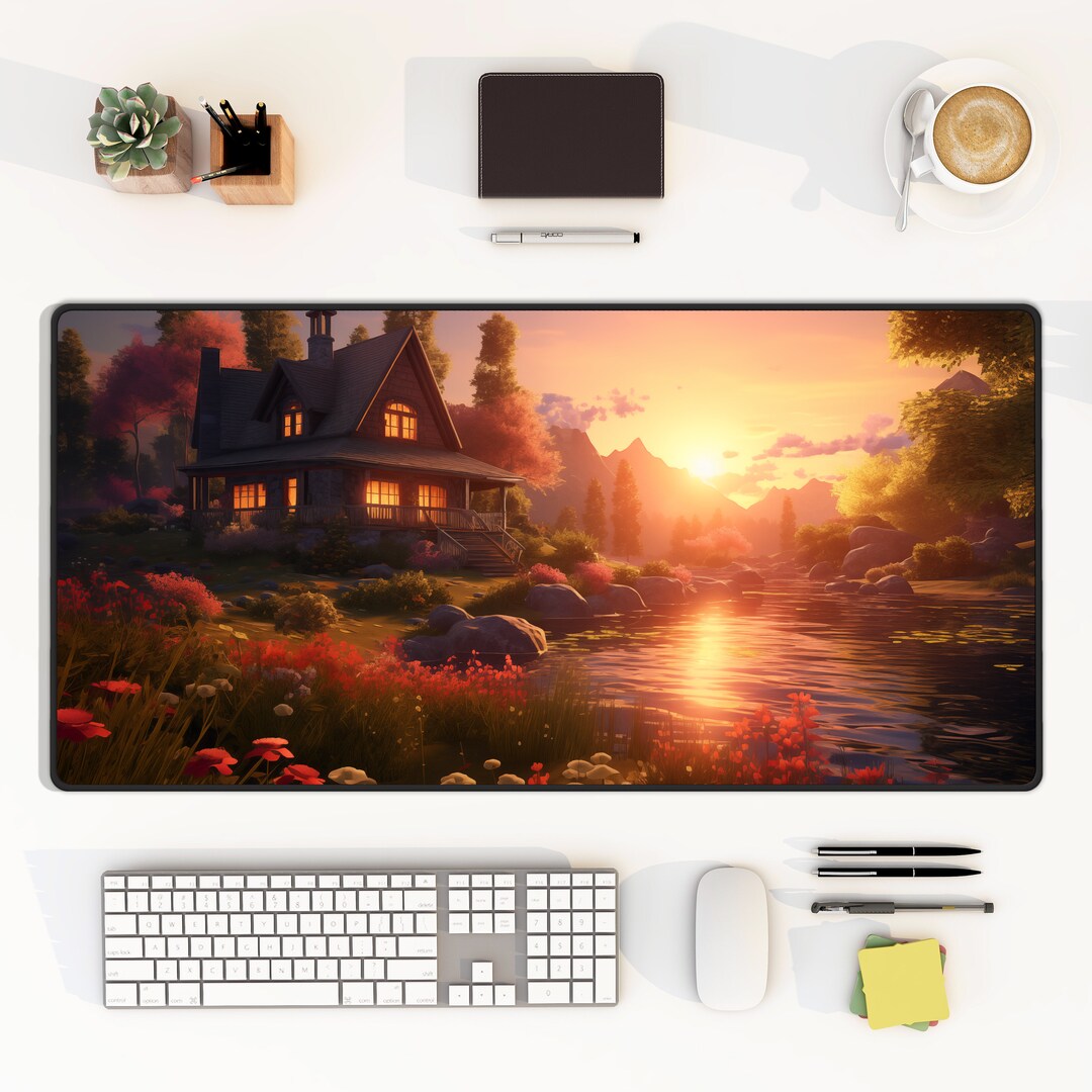 Lofi Desk Mat, Cottagecore Sunset Aesthetic, Large Gaming Mouse Pad or ...