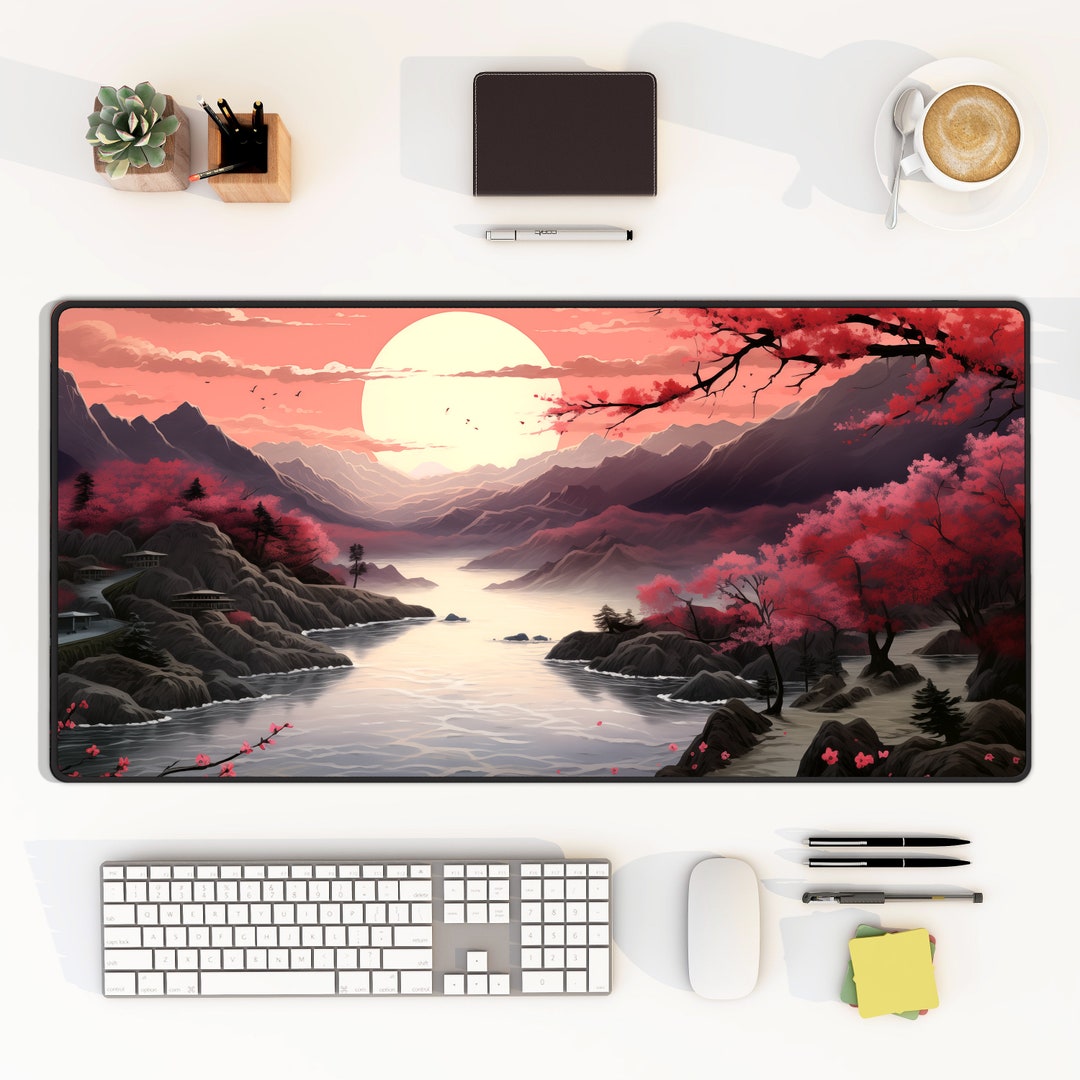 Japanese Temple Sunset Desk Mat, Peaceful Nature Aesthetic, Large ...